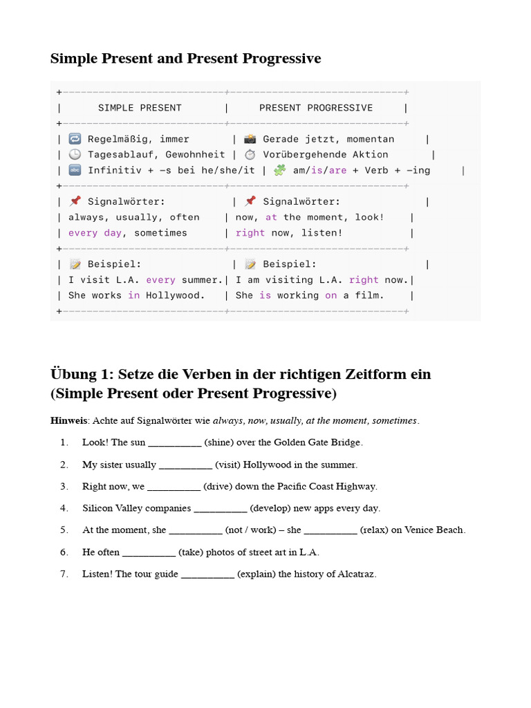 Vermischte Ubungen Simple Present Present Progressive | PDF