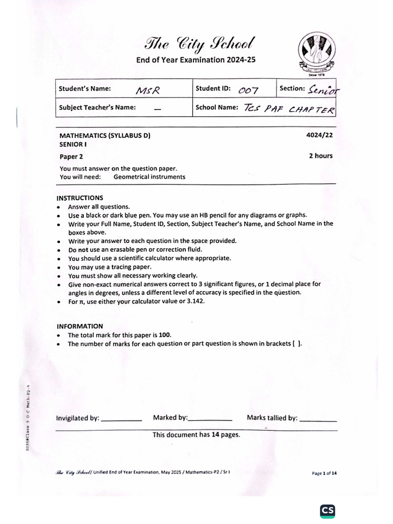 P2 Solution Key Grade 9 EOY 2024-25 | PDF