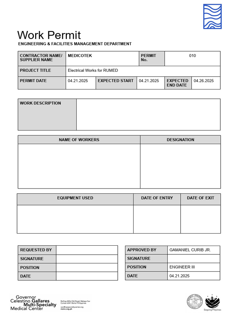 Electrical Work Permit 010 | PDF