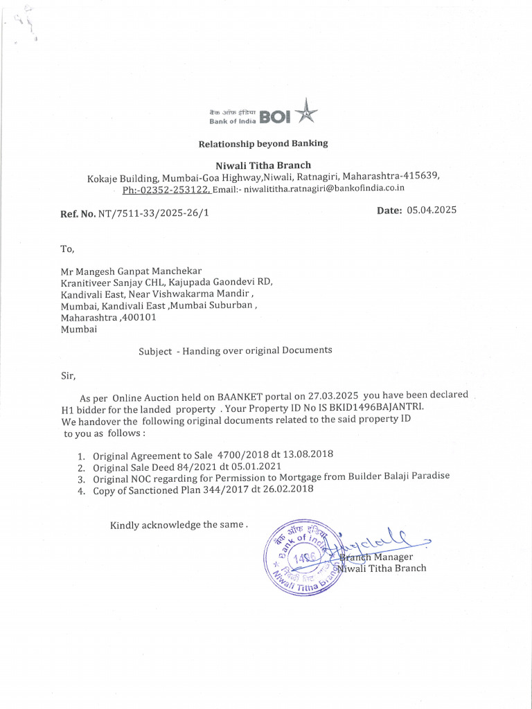 Document Handover Letter From Bank | PDF