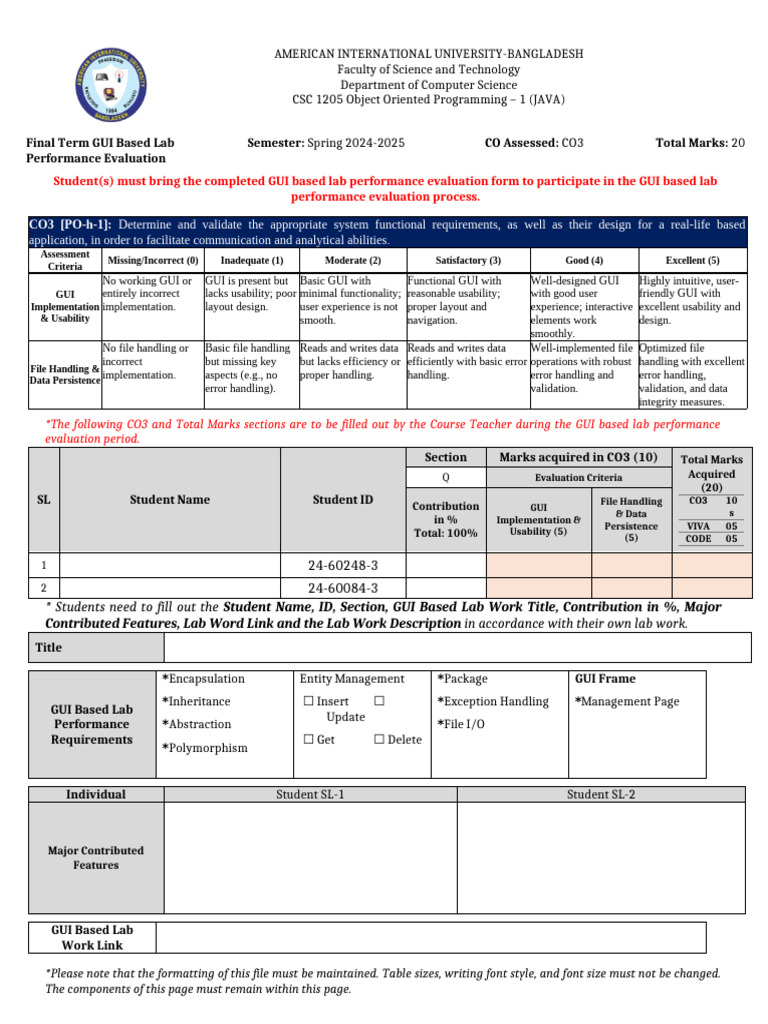 V2 - OOP1 Lab Performance Evaluation - CO3 - Spring 2024-2025 | PDF ...