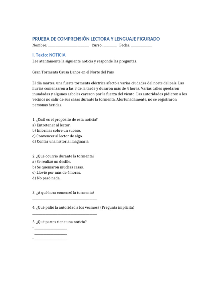 Prueba Comprension Lectora y Lenguaje Figurado Final | PDF | Poesía ...