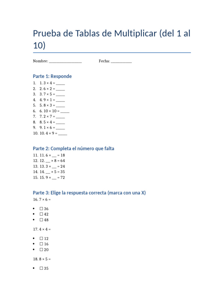 Prueba Tablas Multiplicar | PDF
