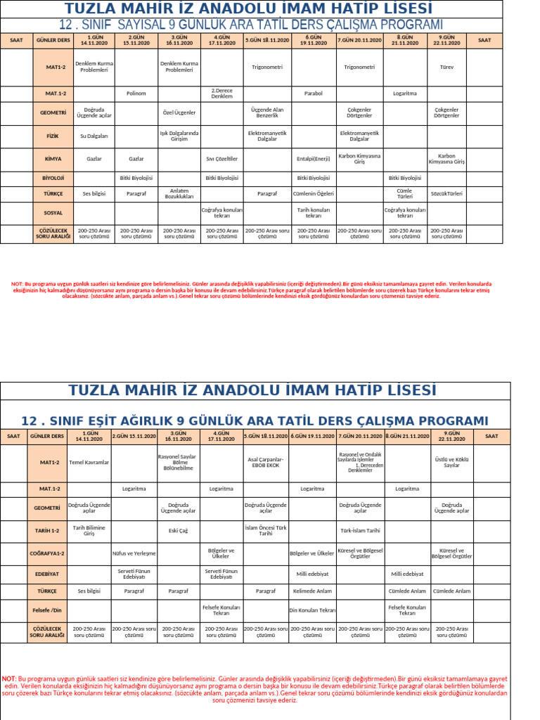 12.-Sinif Ara Tatil Programı | PDF