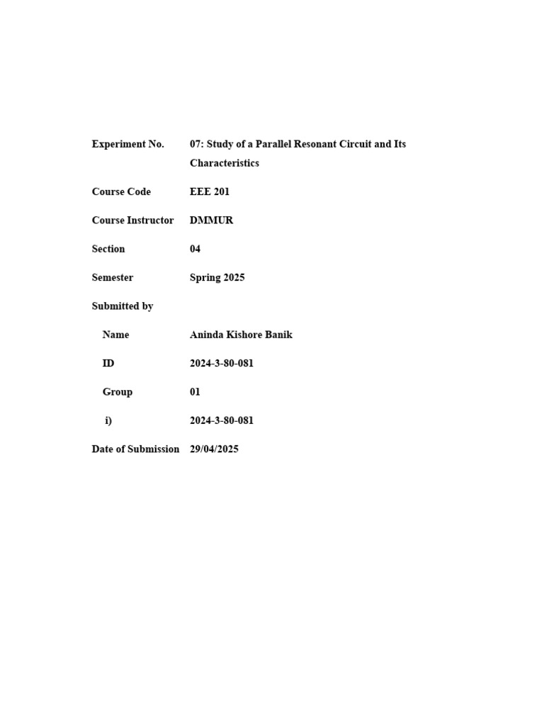 EEE 201 EXP - 7 Post Lab Report | PDF | Resonance | Frequency