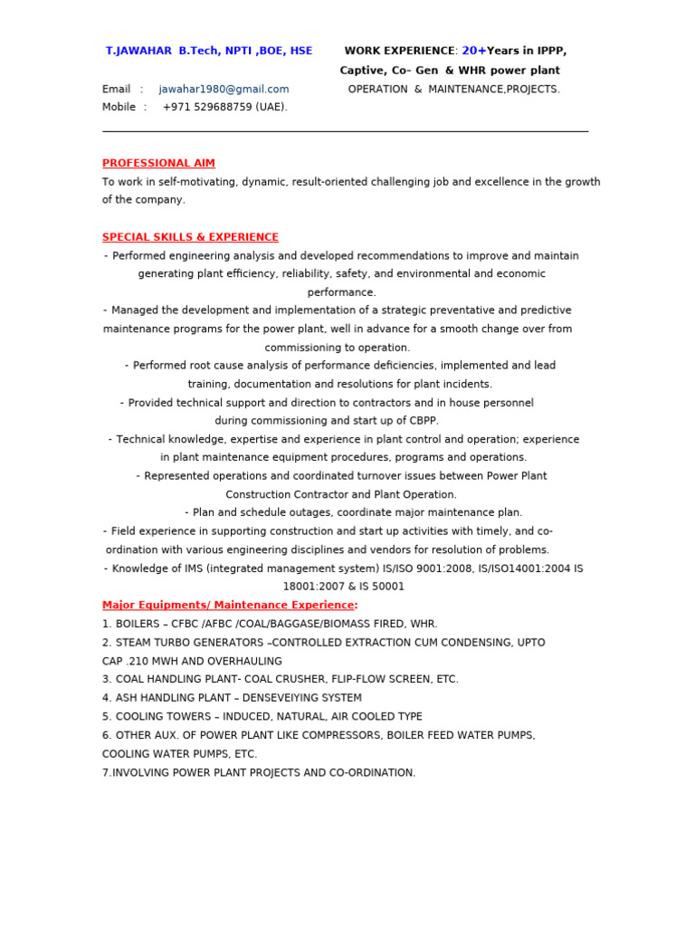 Jawahar Resume - Power Plant | PDF | Power Station | Power (Physics)