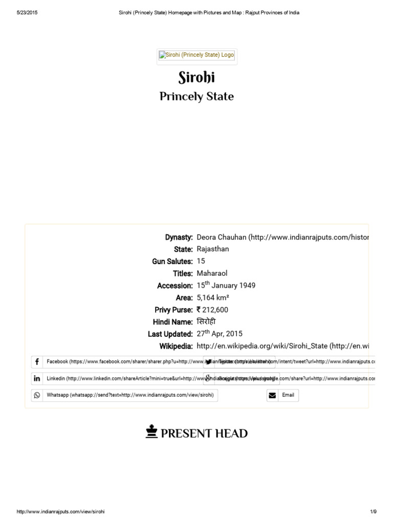 Sirohi (Princely State) Homepage With Pictures and Map - Rajput ...