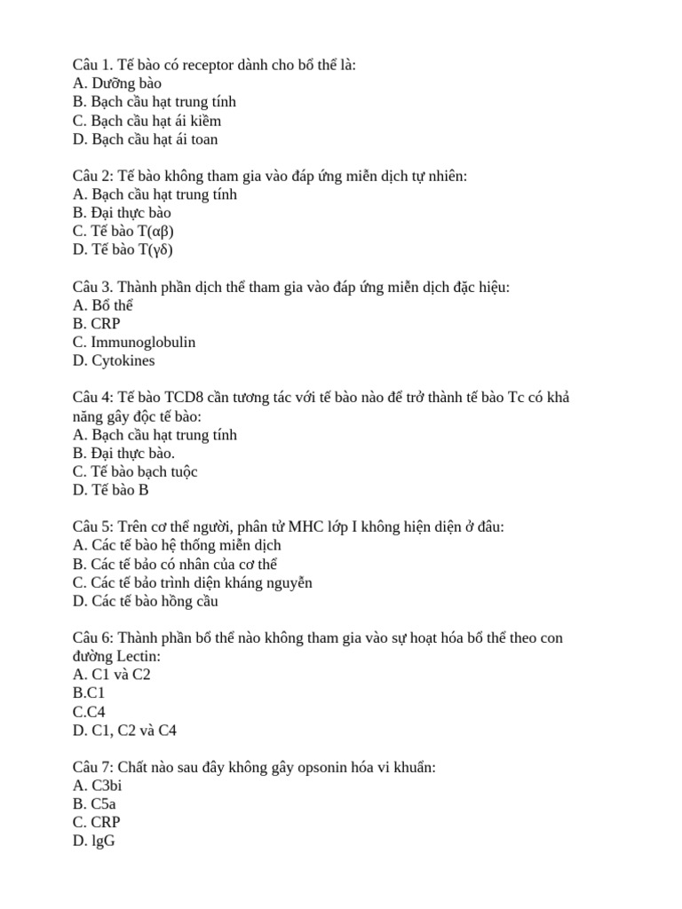 Câu hỏi ôn tập sinh lý bệnh miễn dịch thầy Hứa | PDF