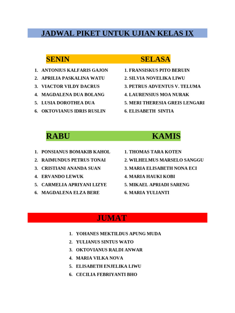 Jadwal Piket Untuk Ujian Kelas Ix | PDF