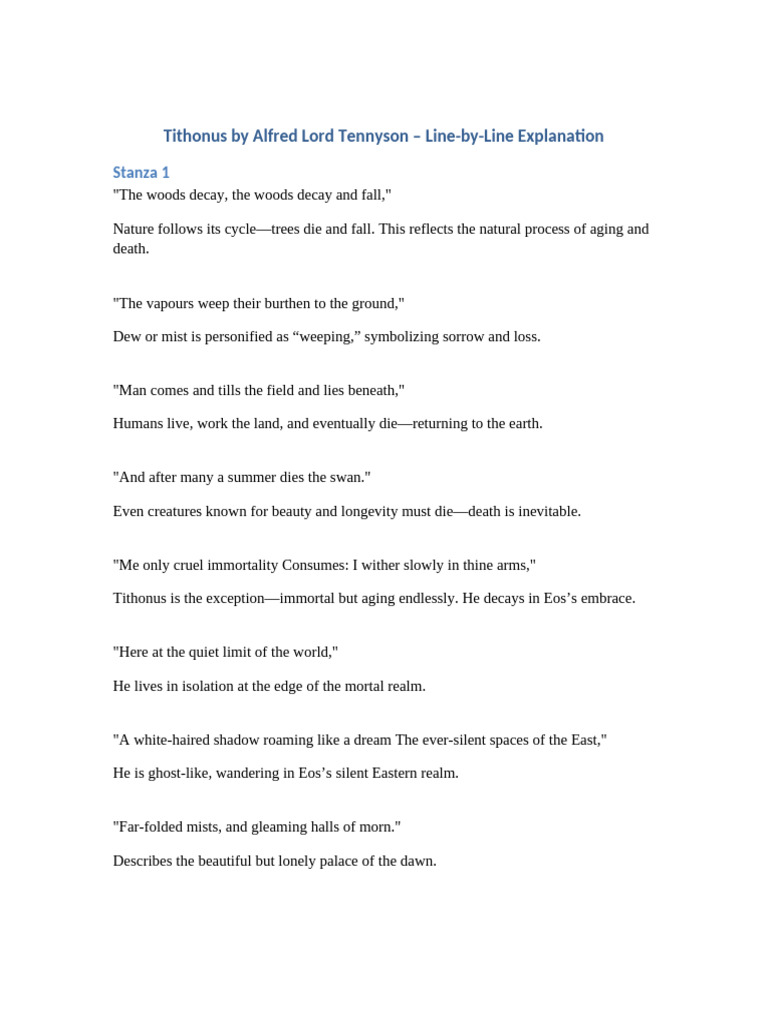 Tithonus Line by Line Explanation | PDF | Immortality