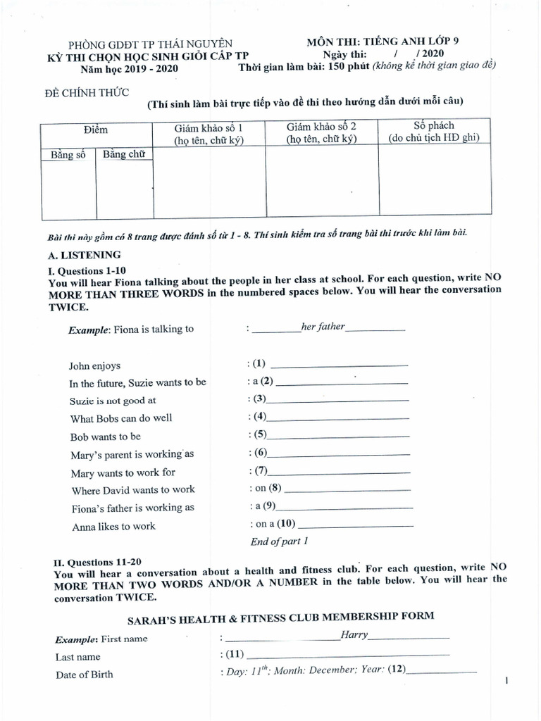 De Thi Hsg Tiếng Anh 2019-2020 | PDF