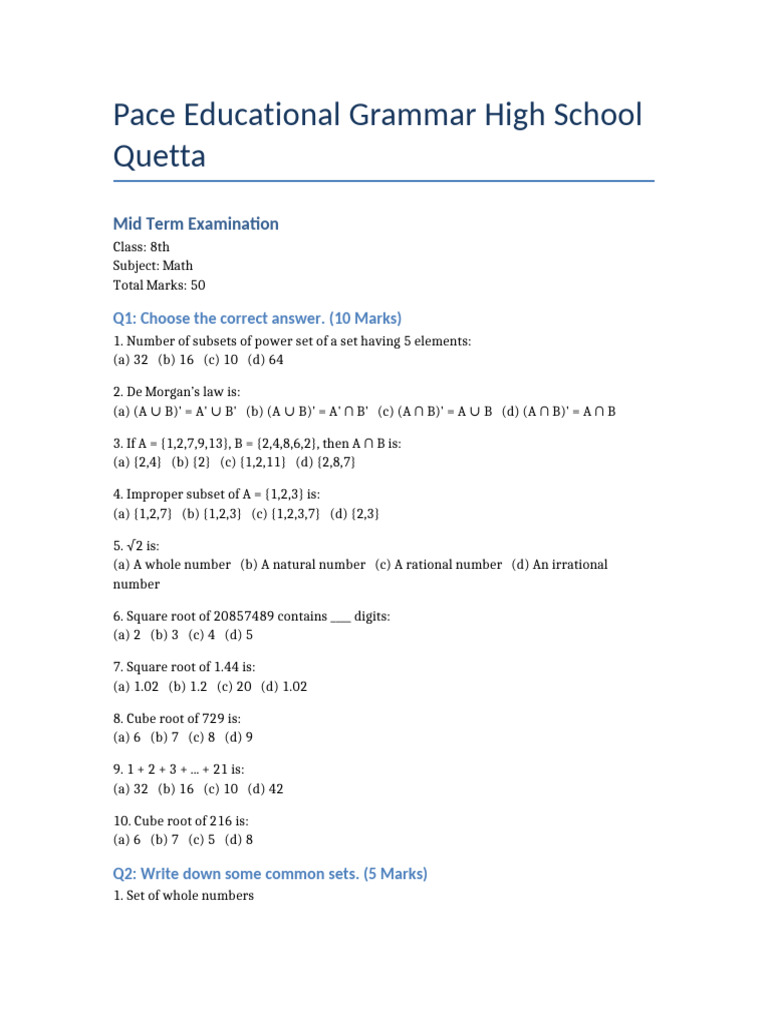 Class8 Math Midterm Paper | PDF