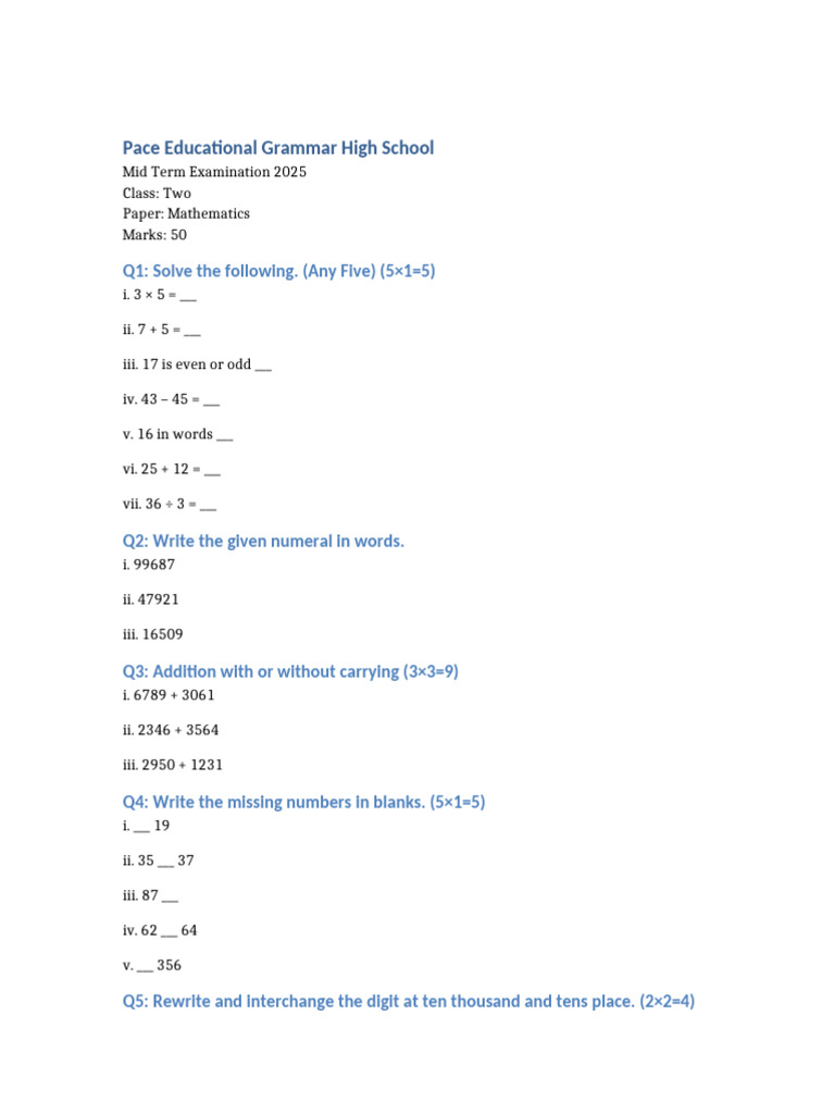 Class Two Math Midterm 2025 | PDF
