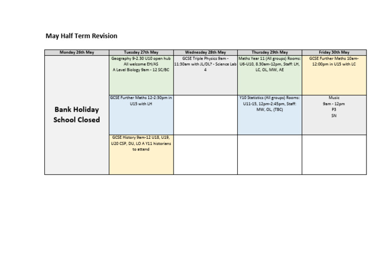 Bank Holiday School Closed: May Half Term Revision | PDF