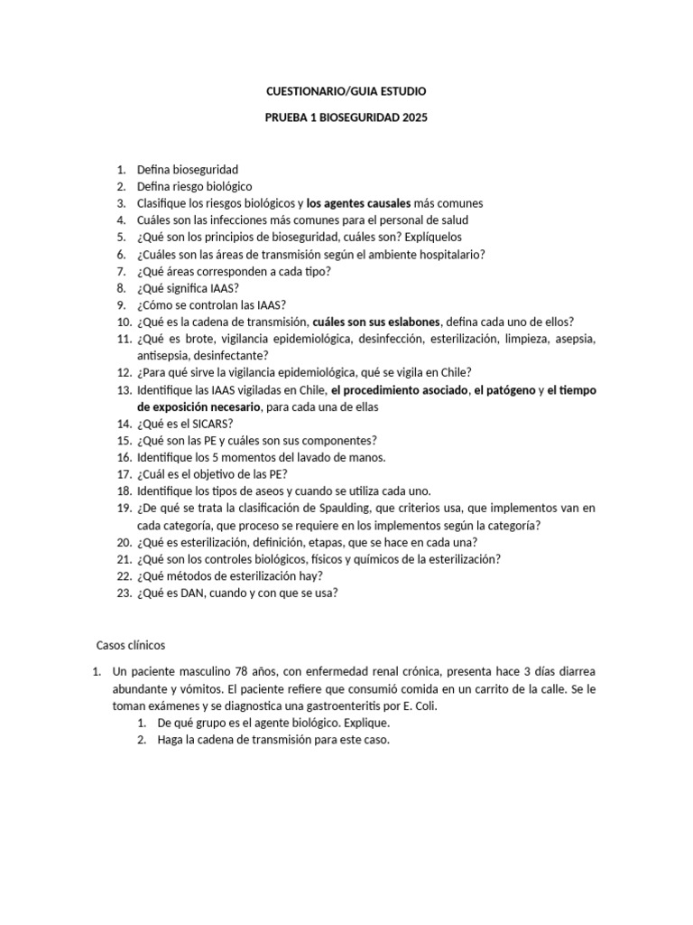 Cuestionario y Casos CL Nicos Prueba 1 Bio 2025 - Tagged | PDF | Esterilización (Microbiología ...