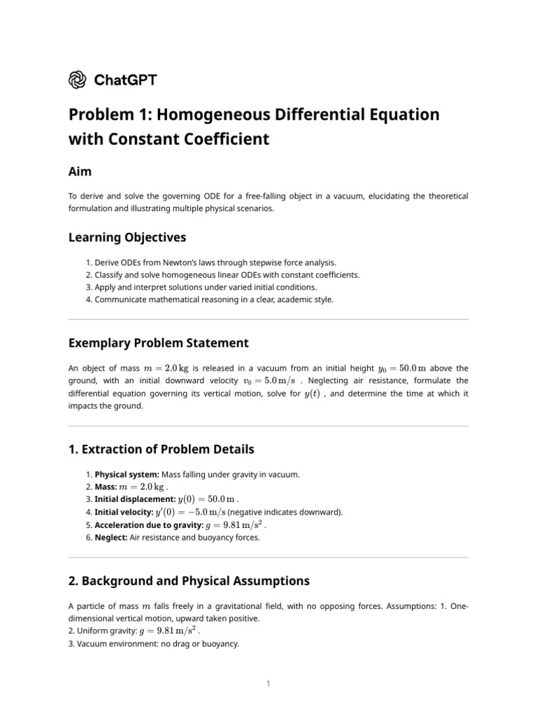 Free-Fall ODE: Homogeneous Solutions | PDF | Force | Ordinary ...