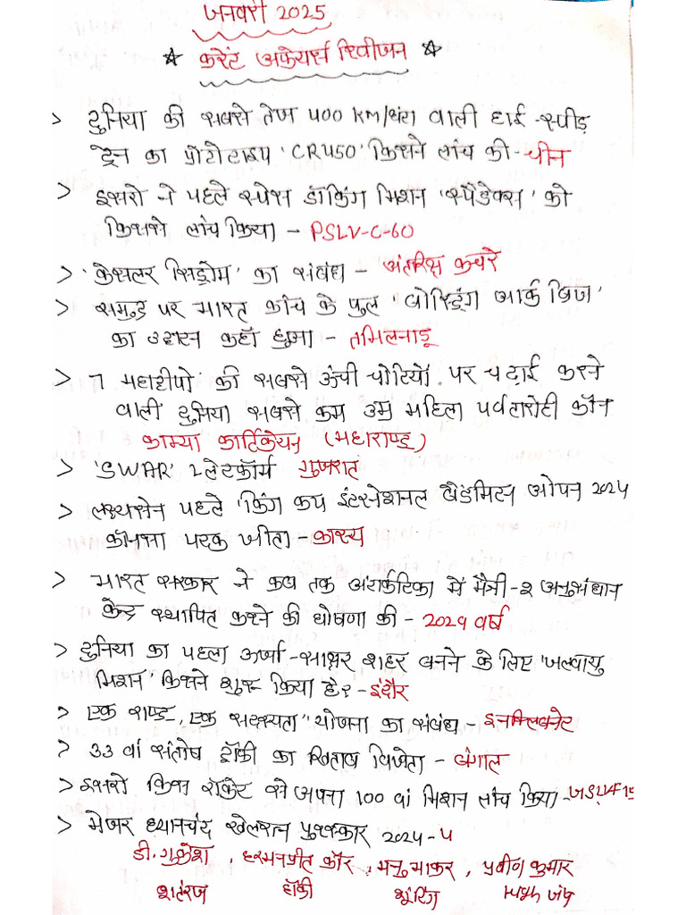 January Month 2025 Current Affairs Handwritten Notes | PDF