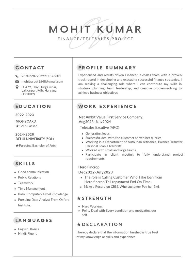 Mohit Kumar Professional Resume | PDF