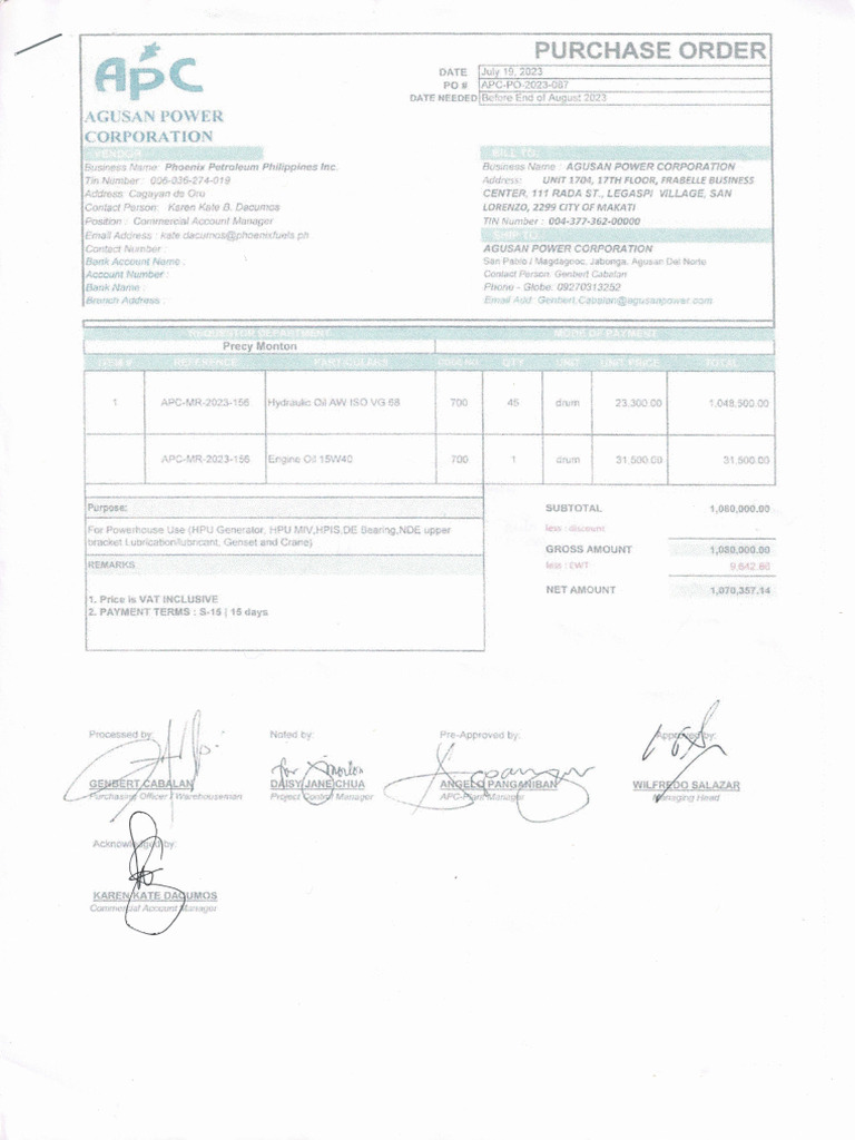 APC-PO-2023-087 Phoenix (Hydraulic OIl and Engine Oil) | PDF