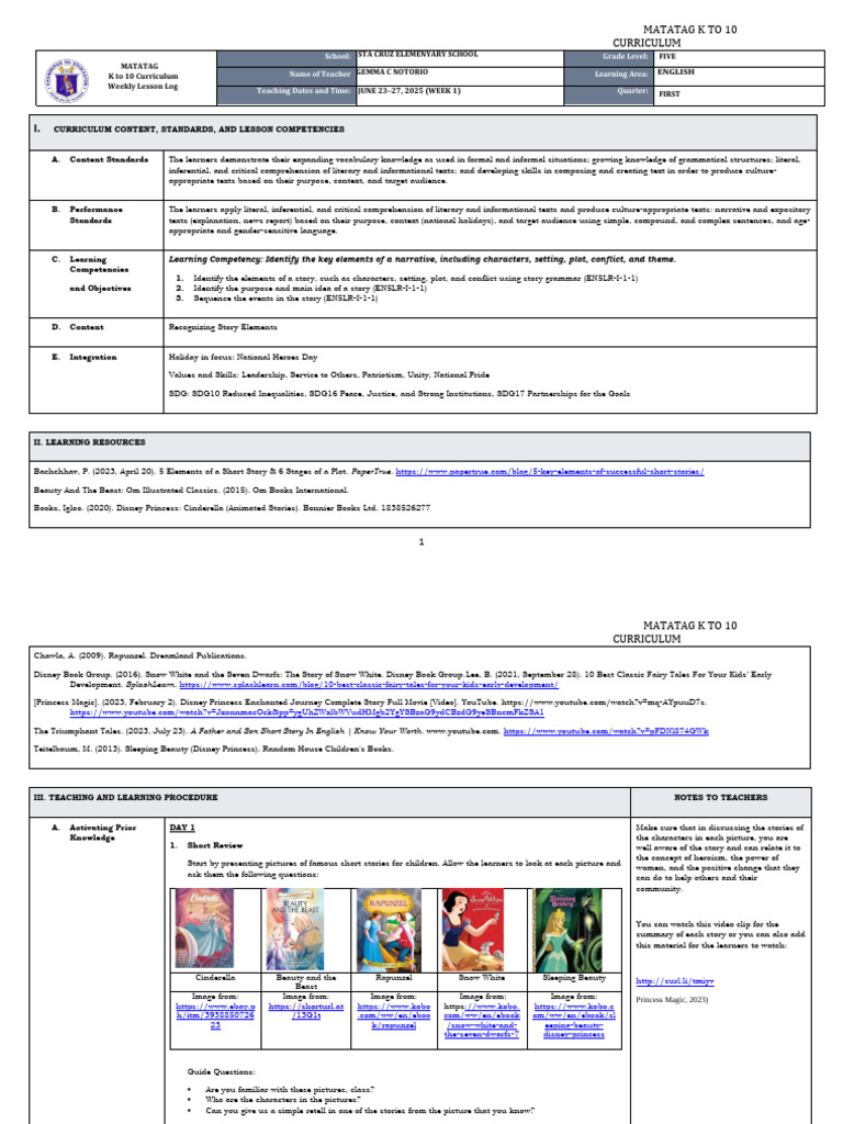 Grade 5 English Week 1 Lesson Plan | PDF | Plot (Narrative) | Snow White