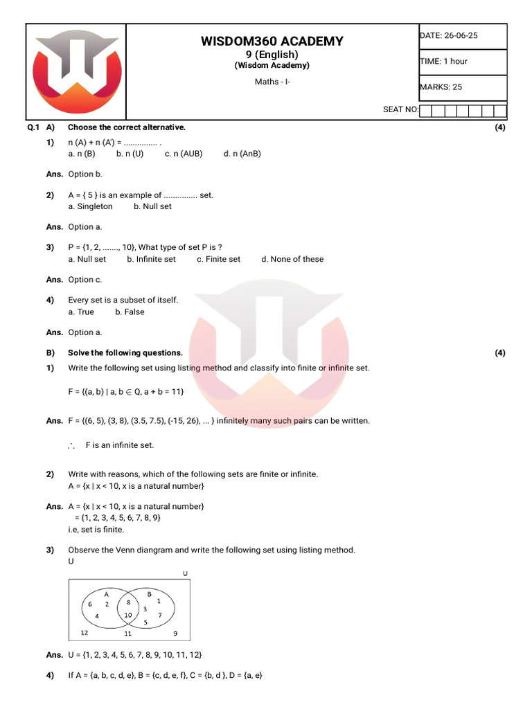 9th State Maths Ans Key 28-06-25 | PDF | Mathematics | Mathematical Logic