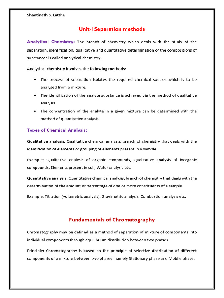 Unit I Separation Methods Complete Notes | PDF | Chromatography | Thin ...
