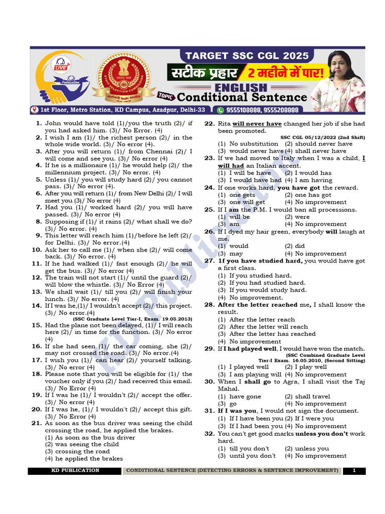 Conditional Sentences Common Error & Sentence Improvement TARGET | PDF ...
