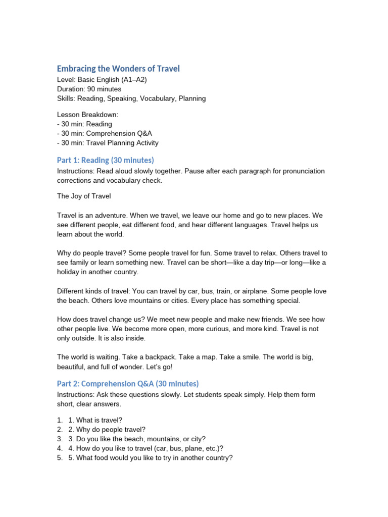 Embracing The Wonders of Travel Lesson | PDF