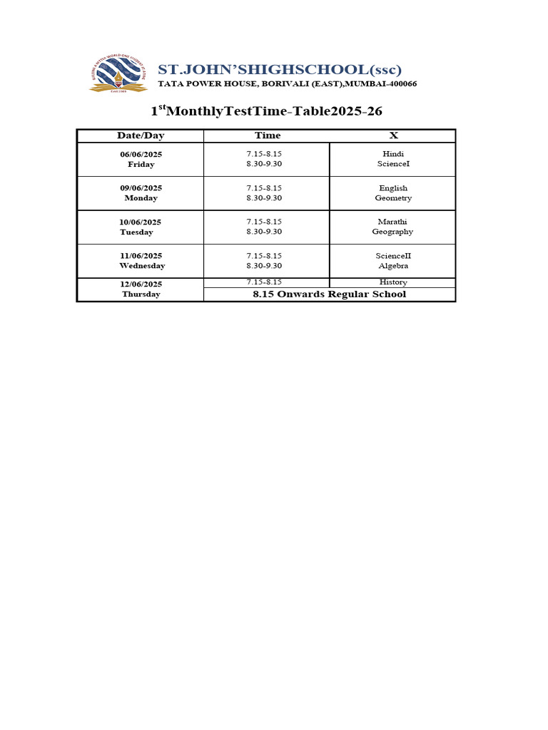 Class 10 June Exam Schedule 2025-26 | PDF