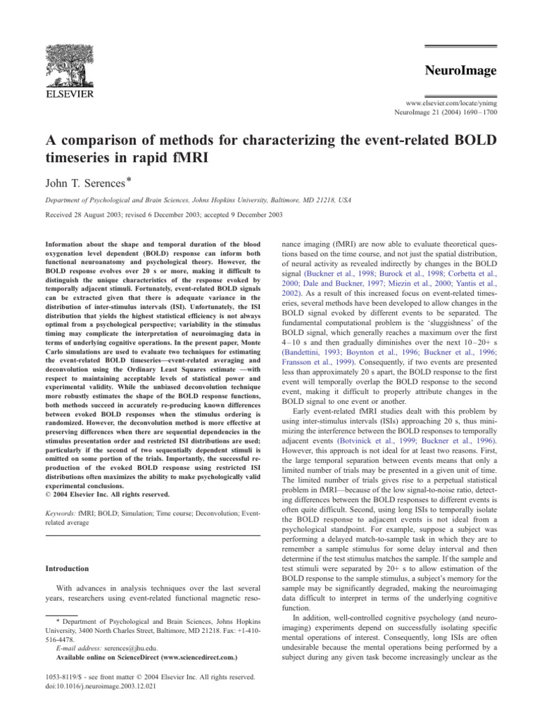 A Comparison of Methods For Characterizing The Event-Related BOLD Timeseries in Rapid fMRI | PDF ...
