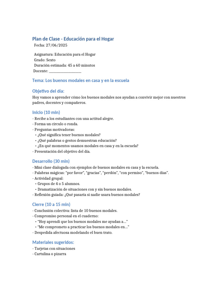 Clase sobre Buenos Modales en el Hogar | PDF