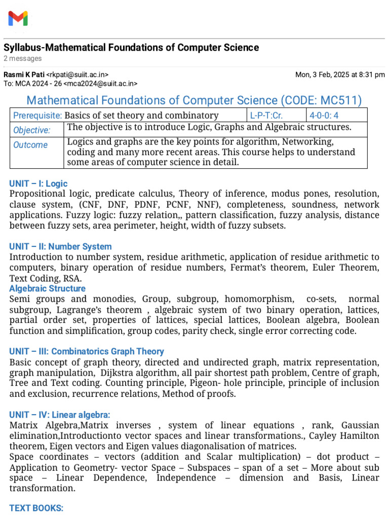 Gmail - Syllabus-Mathematical Foundations of Computer Science | PDF ...