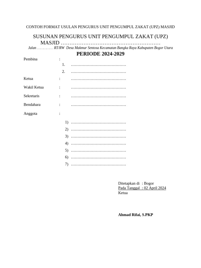 Contoh Format Usulan Pengurus Upz Masjid | PDF