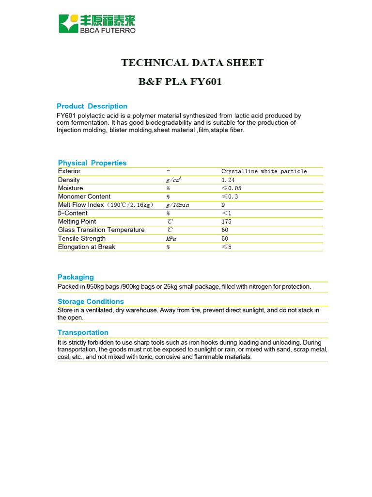 B&F PLA FY601 Technical Data Sheet | PDF