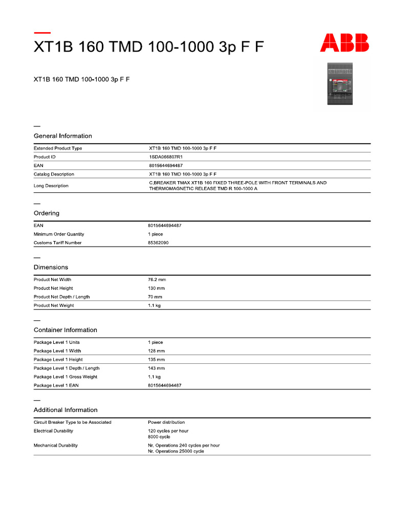 ABB - Disjuntor 100A - XT1B 160 100 | PDF