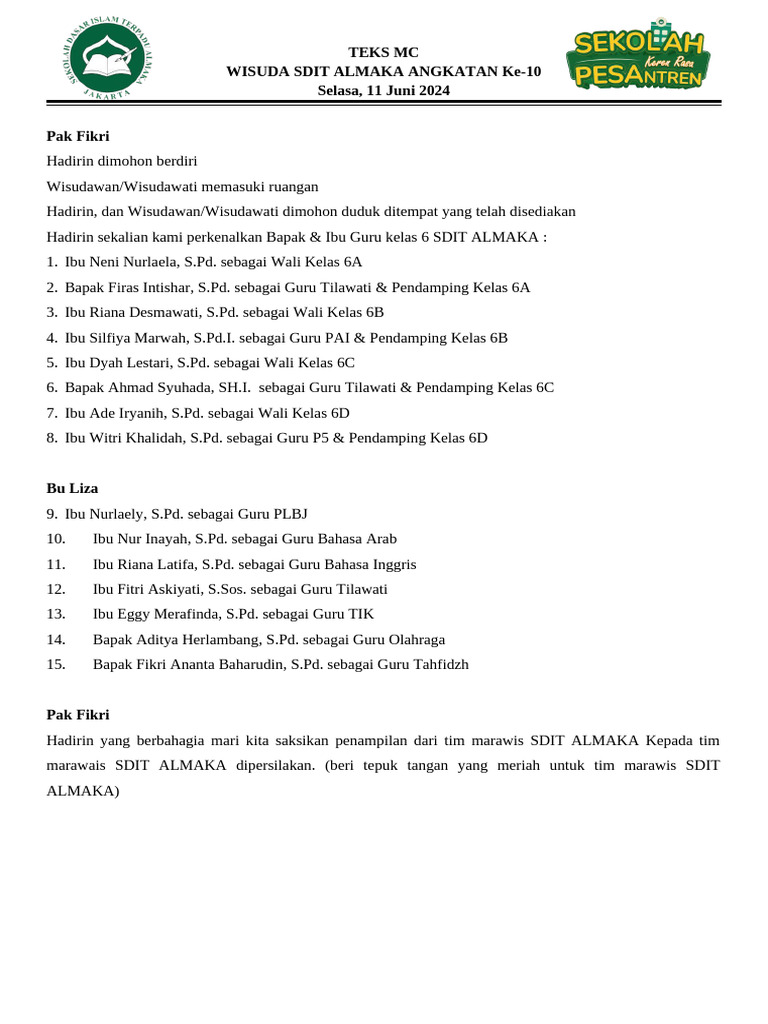 Wisuda SDIT Almaka Angkatan Ke-10 | PDF