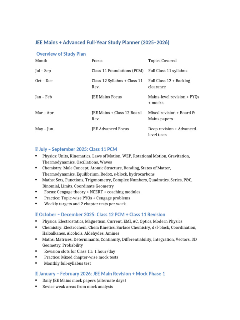 JEE PCM Study Planner 2025 2026 | PDF | Mechanics | Applied And Interdisciplinary Physics