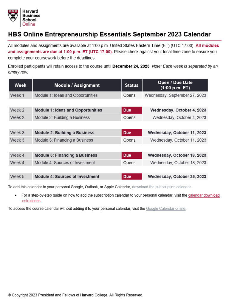 Harvard Business School Online Schedule For Fall 2023 Program | PDF