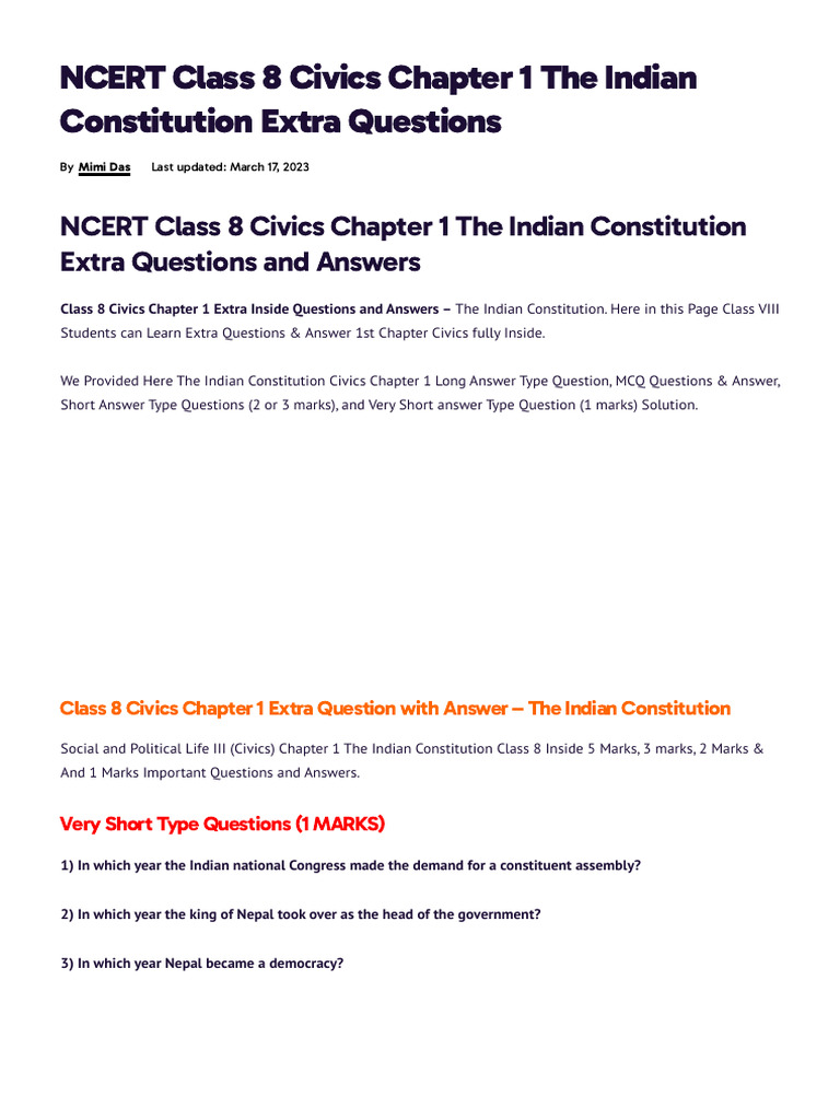 N.E the Indian Constitution Class 8 | PDF | Constitution | Democracy