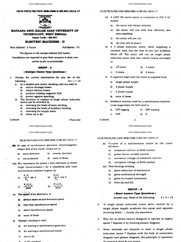 Btech Ee 501 Electric Machines 2 2017 | PDF