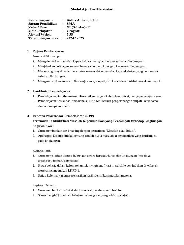 Modul Ajar Berdiferensiasi Dan PSE Kelas XI SMA Geografi Fase F Bab 3 - KE 7 | PDF