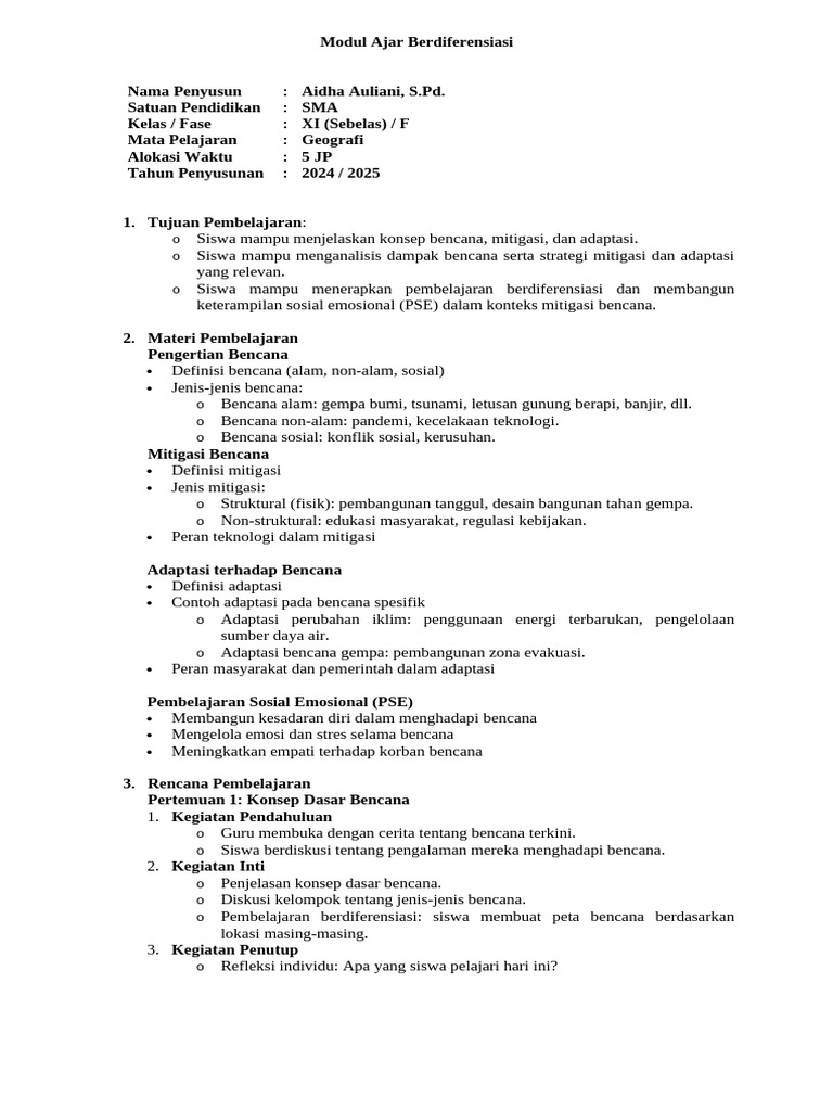 Modul Ajar Berdiferensiasi Dan PSE Kelas XI SMA Geografi Fase F Bab 4 - KE 1 | PDF