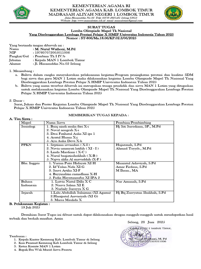 Surat Tugas Lomba Olimpiade Mapel Di Univ Indonesia 2025 | PDF