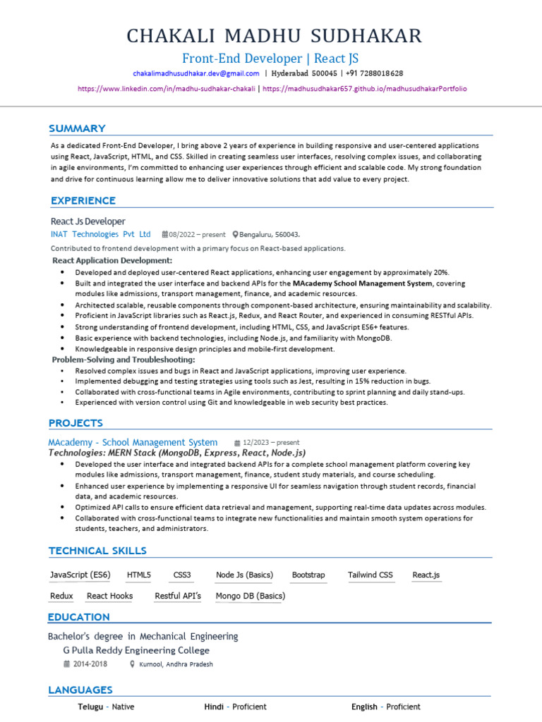 Madhu React Developer Resume 26 1733212198320 Chakali Madhu Sudhakar | PDF | Java Script ...
