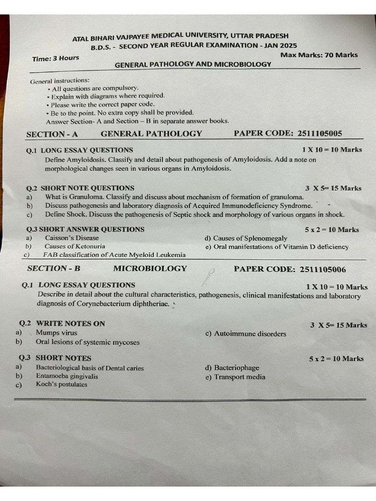 2nd Year BDS Professional University Examination Paper | PDF | Infection | Pathology