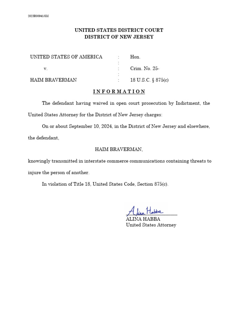 Haim Braverman Threat Charge Information | PDF