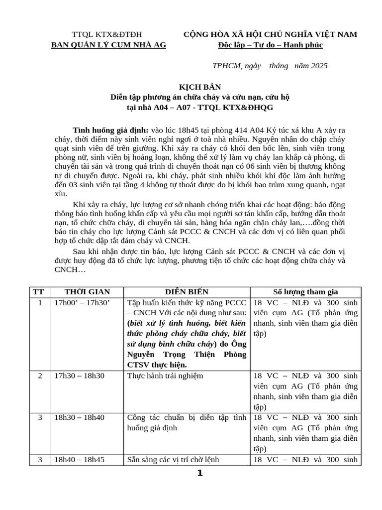 Kịch Bản Diễn Tập Pccc Năm 2025 Đợt 1 a04 a07 12.04.2025 | PDF