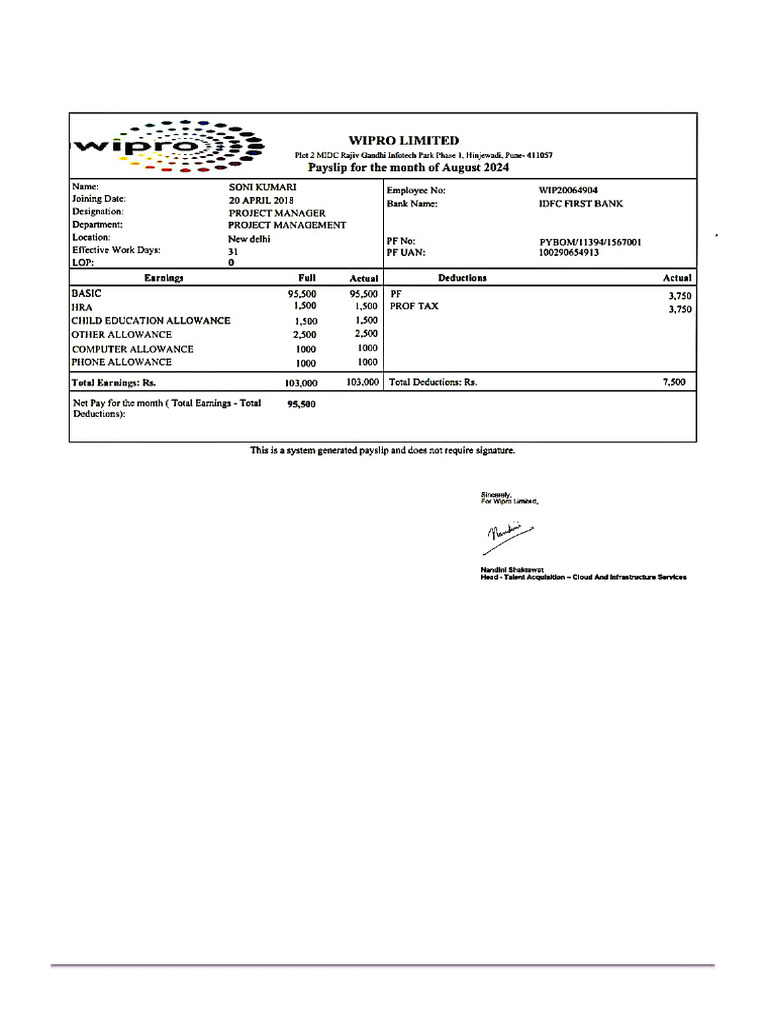 Wipro Payslip 2 Month | PDF