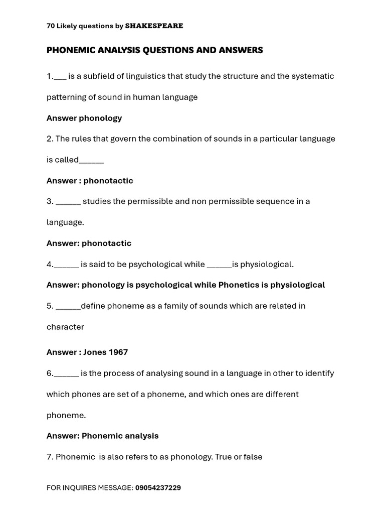 Phonemic Analysis Ques&Ans by Shakespeare | PDF | Phoneme | Phonology