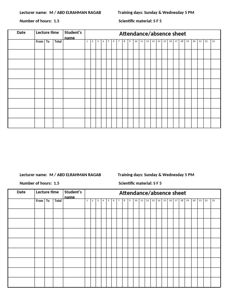 Attendance Sheet for SF5 Lectures | PDF